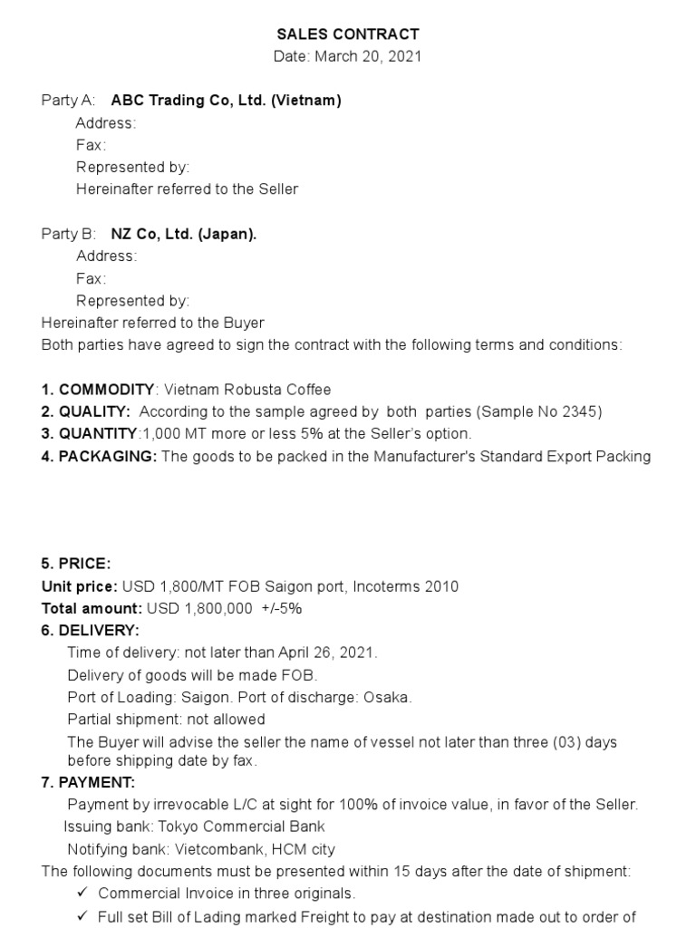 Sale Contract (Sample) | PDF | Trade | Business