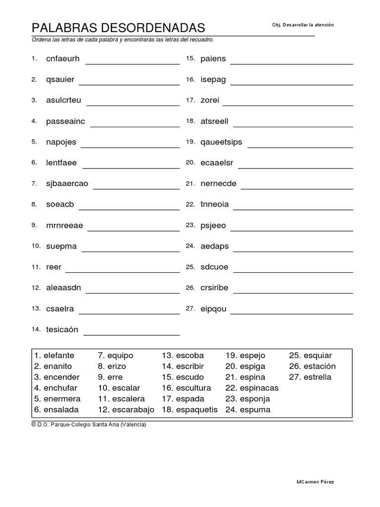 Hoja De Trabajo De Palabras Desordenadas Plantilla De Hoja De Trabajo