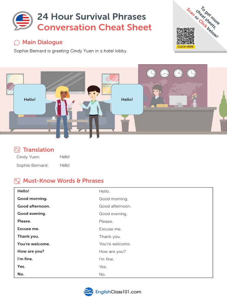 Conversation Cheat Sheet: 24 Hour Survival Phrases | PDF