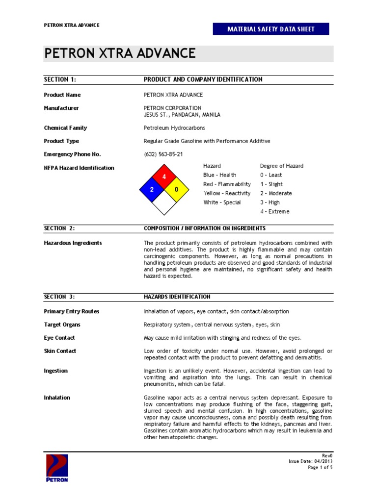 MSDS Petron Xtra Advance | PDF | Dangerous Goods | Combustion