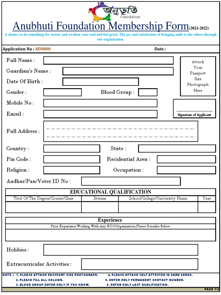 Anubhuti Foundation Membership Form: Full Name: Guardian's Name | PDF