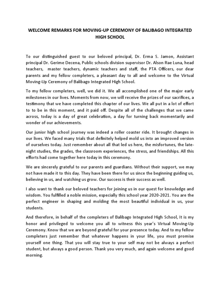Welcome Remarks for Grade 10 Ceremony | PDF