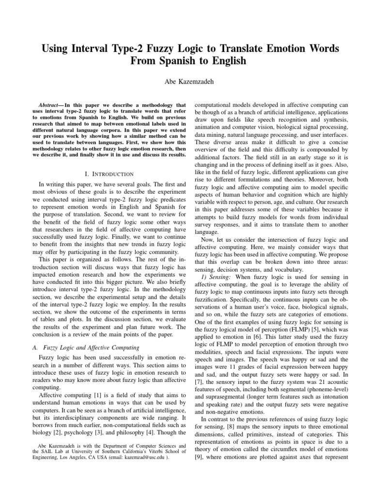 Using Interval Type 2 Fuzzy Logic To Translate Emotion Words From Spanish To English Pdf