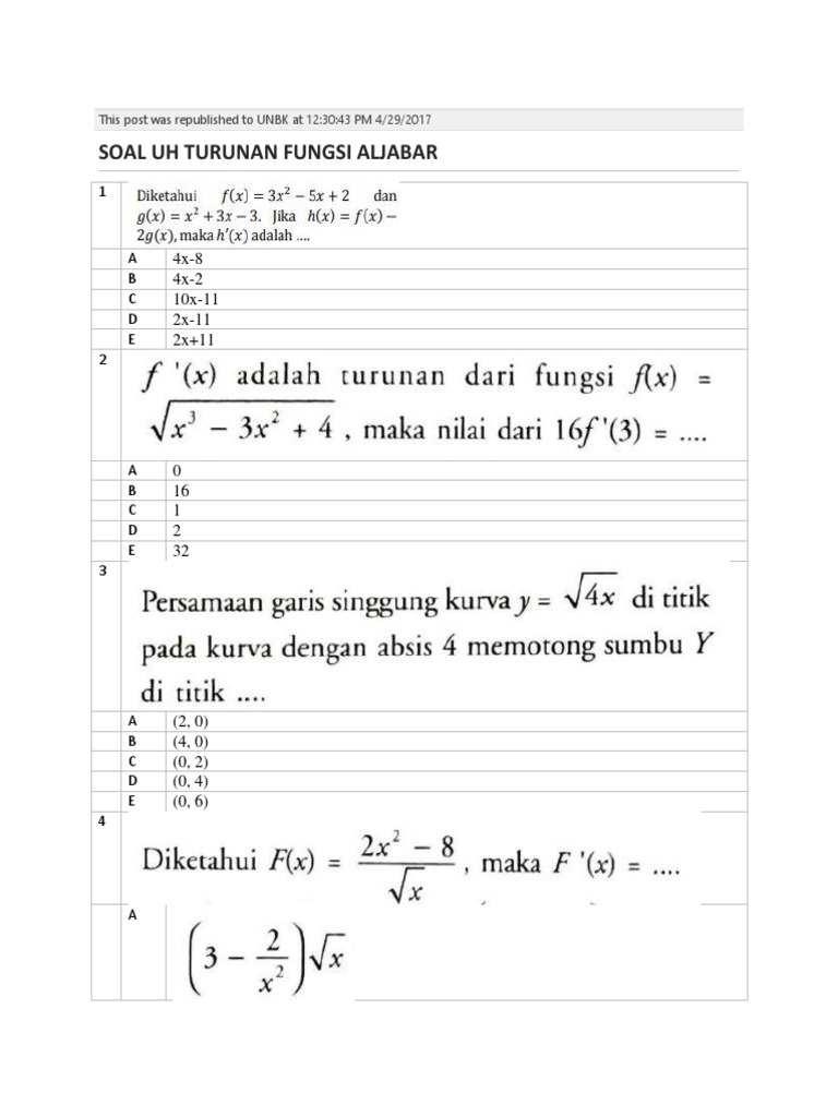 Soal Turunan Fungsi Aljabar | PDF