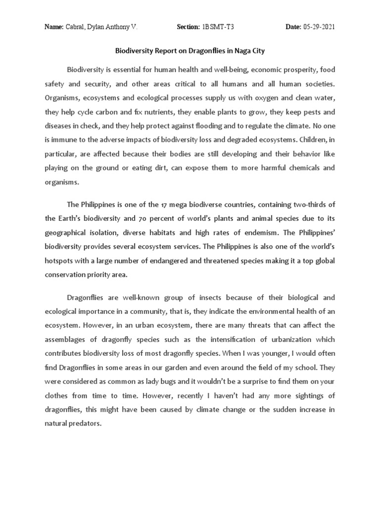 Biodiversity Report STS | PDF | Biodiversity | Dragonfly