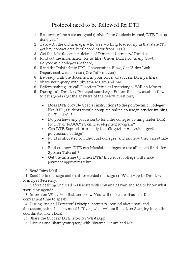 DTE protocol steps for polytechnic student training | PDF | Educational ...