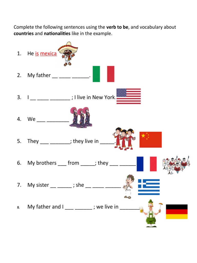 Verb To Be and Nationalities Exercise | PDF