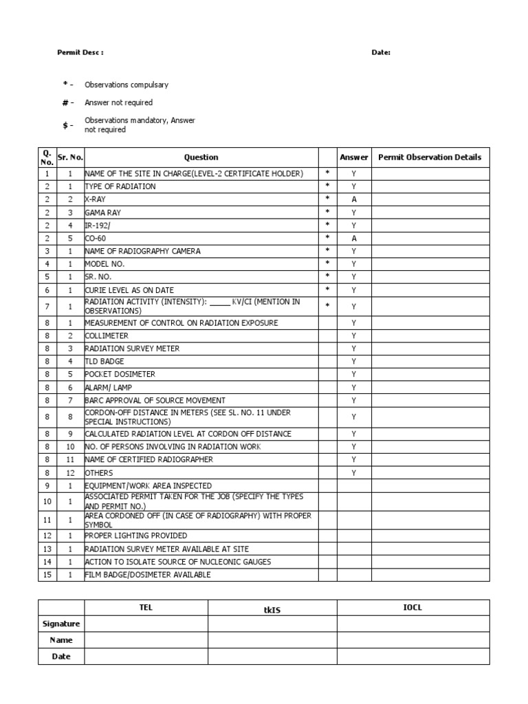 IOCL RT Checklist For Permit | PDF | Chemistry | Applied And ...