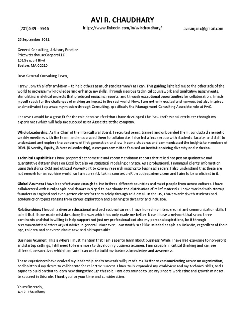Avi R. Chaudhary - Cover Letter (PWC) | PDF | Pricewaterhouse Coopers ...