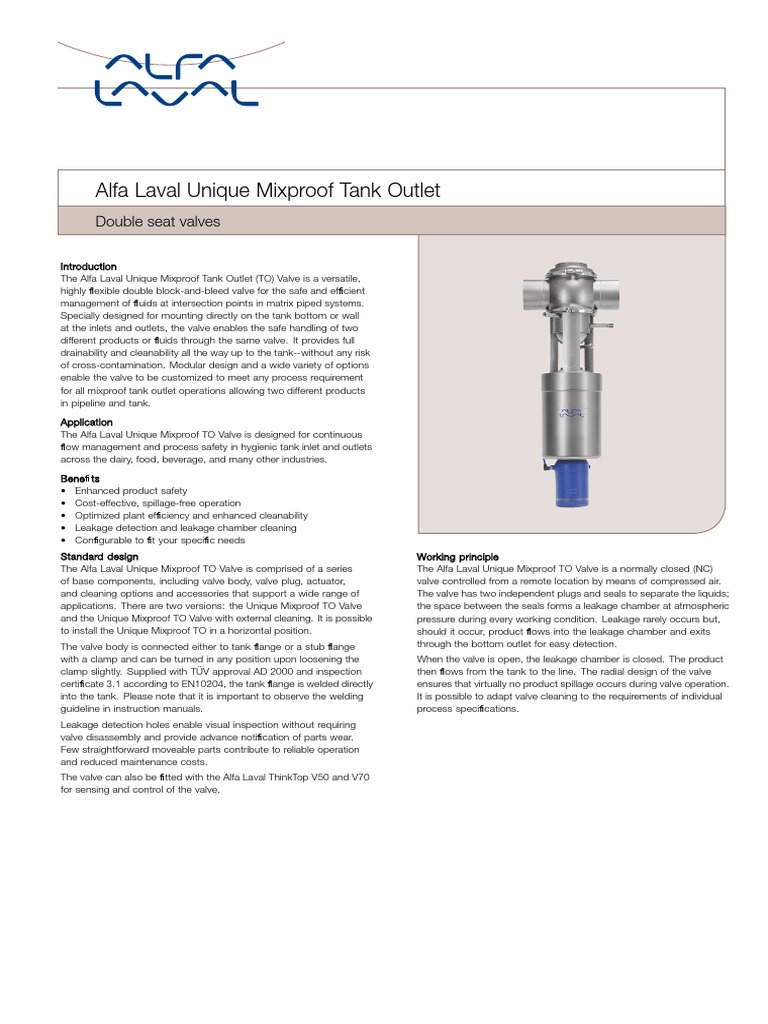 Alfa Laval Unique Mixproof Tank Outlet: Double Seat Valves | PDF ...
