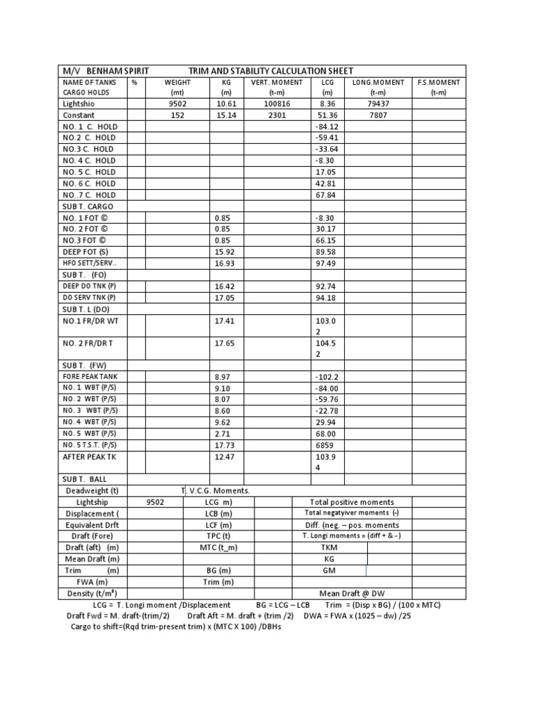 M/V Benham Spirit Trim and Stability Calculation Sheet | PDF | Teaching Methods & Materials ...