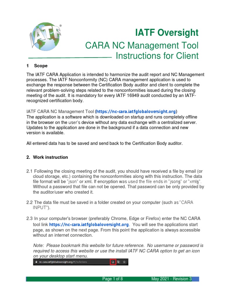 Cara Nc Management Tool Instructions For Client Iatf Oversight Pdf