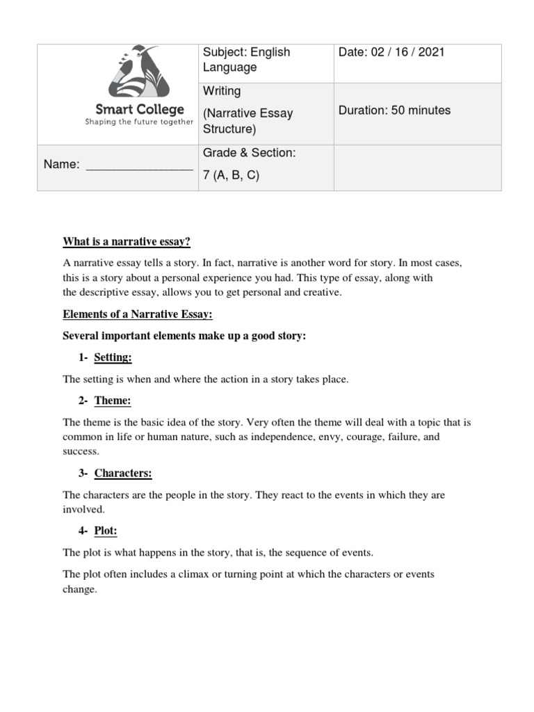 Date: 02 / 16 / 2021 Subject: English Language Writing (Narrative Essay ...