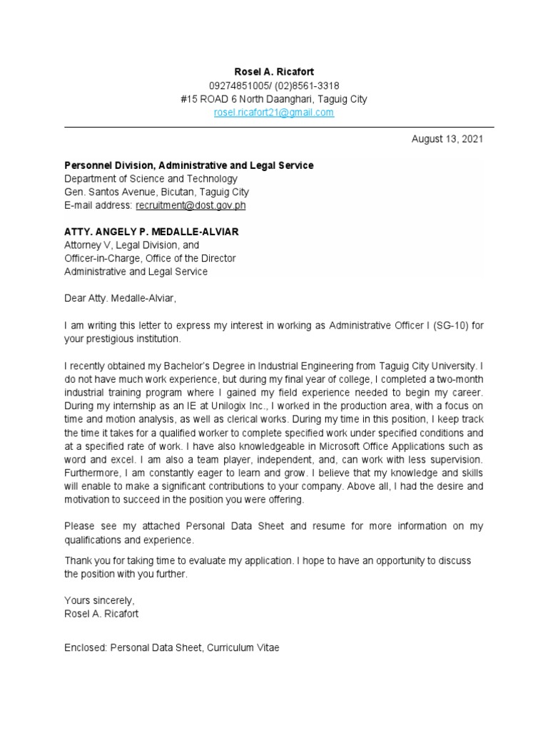 Application Letter - Ricafort, Rosel A. | PDF