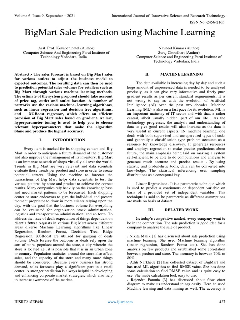 BigMart Sale Prediction Using Machine Learning | PDF | Machine Learning | Regression Analysis