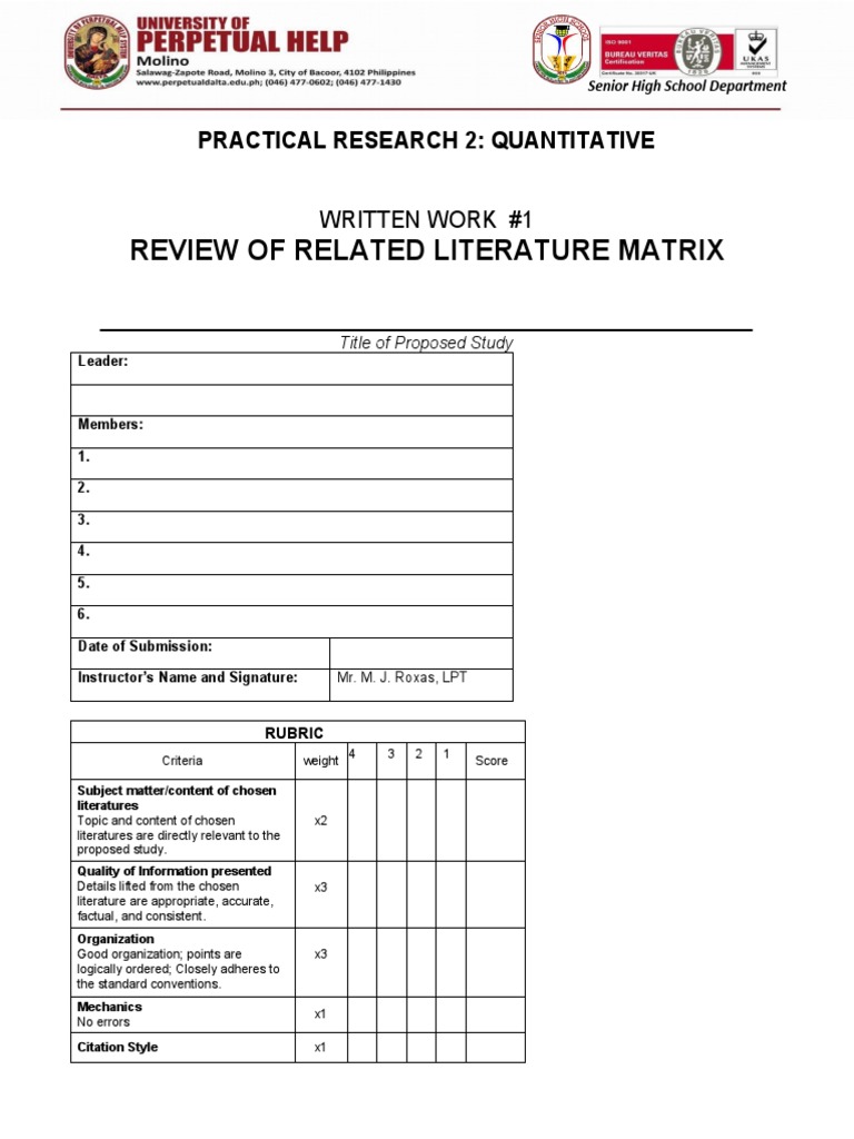 Review of Related Literature Matrix: Practical Research 2: Quantitative ...