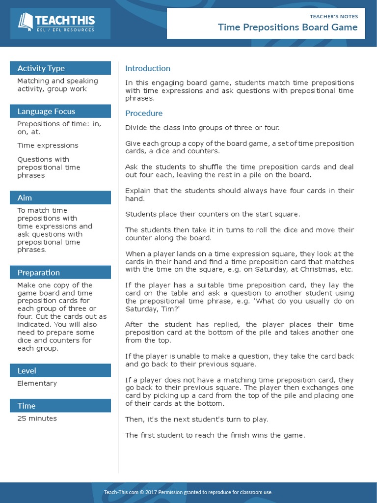 Time Prepositions Board Game | PDF | English As A Second Or Foreign ...