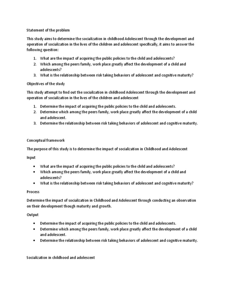 Statement of The Problem | PDF | Adolescence | Socialization