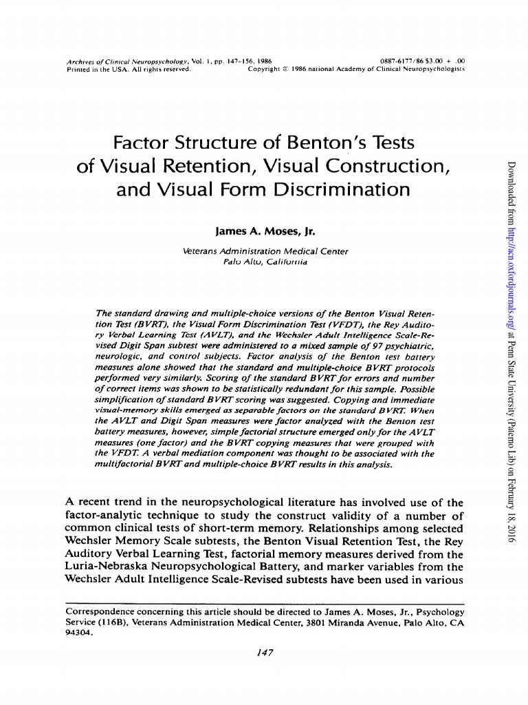 Benton's Tests | PDF | Wechsler Adult Intelligence Scale | Factor Analysis