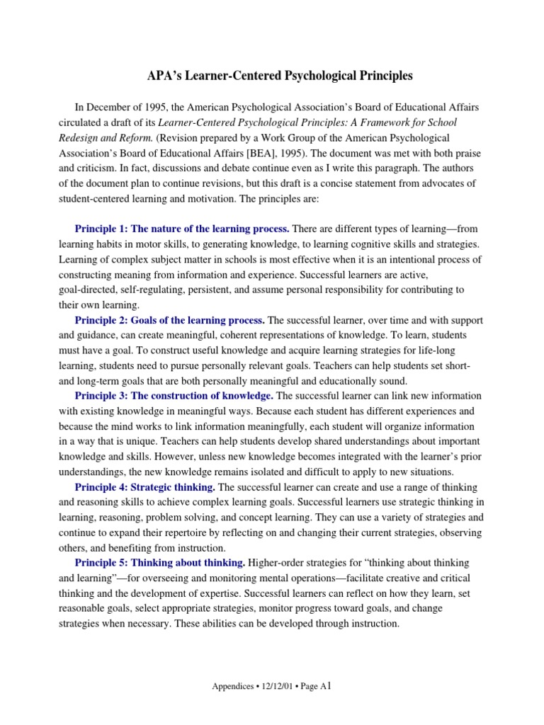 APA's Learner-Centered Psychological Principles | PDF | Learning ...