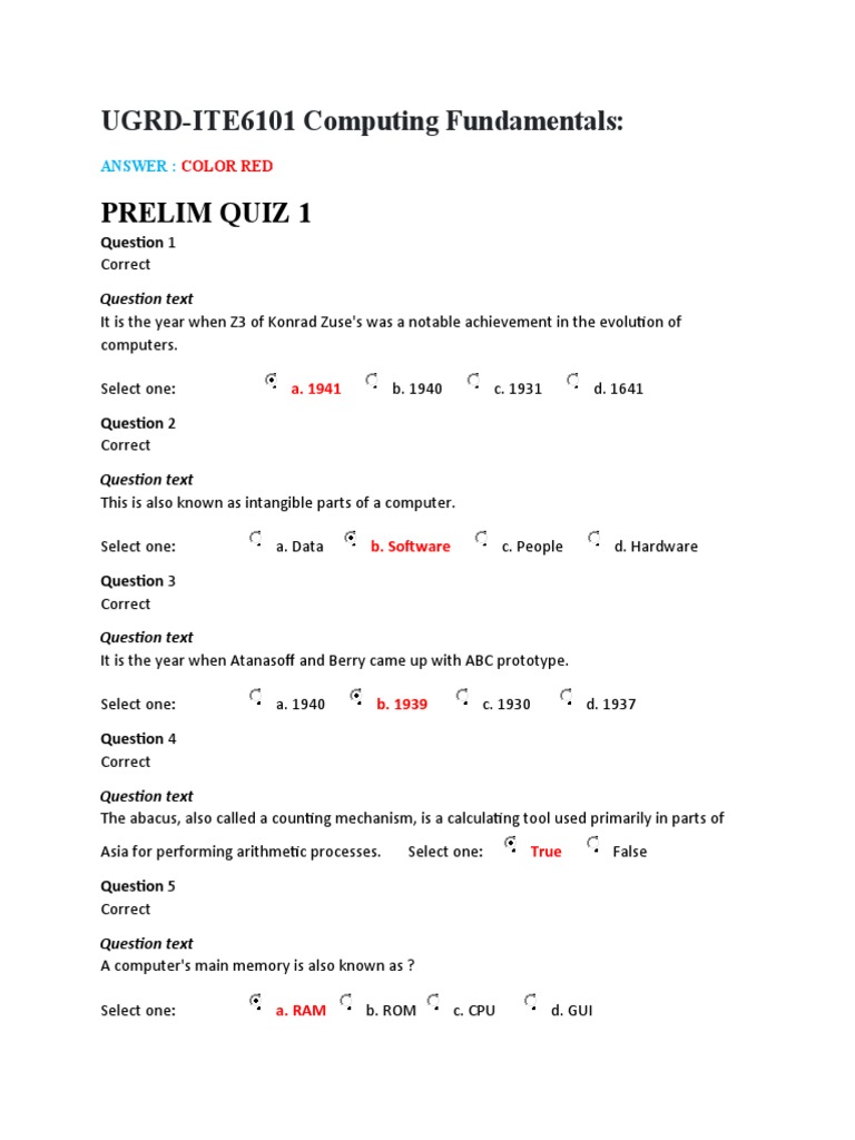 UGRD-ITE6101 Computing Fundamentals Prelim Quiz | PDF | Encodings | Information Age