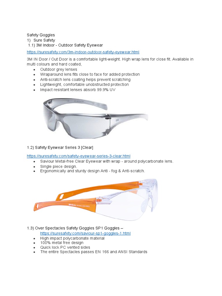 Safety Goggles 1) Sure Safety 1.1) 3M Indoor - Outdoor Safety Eyewear | PDF