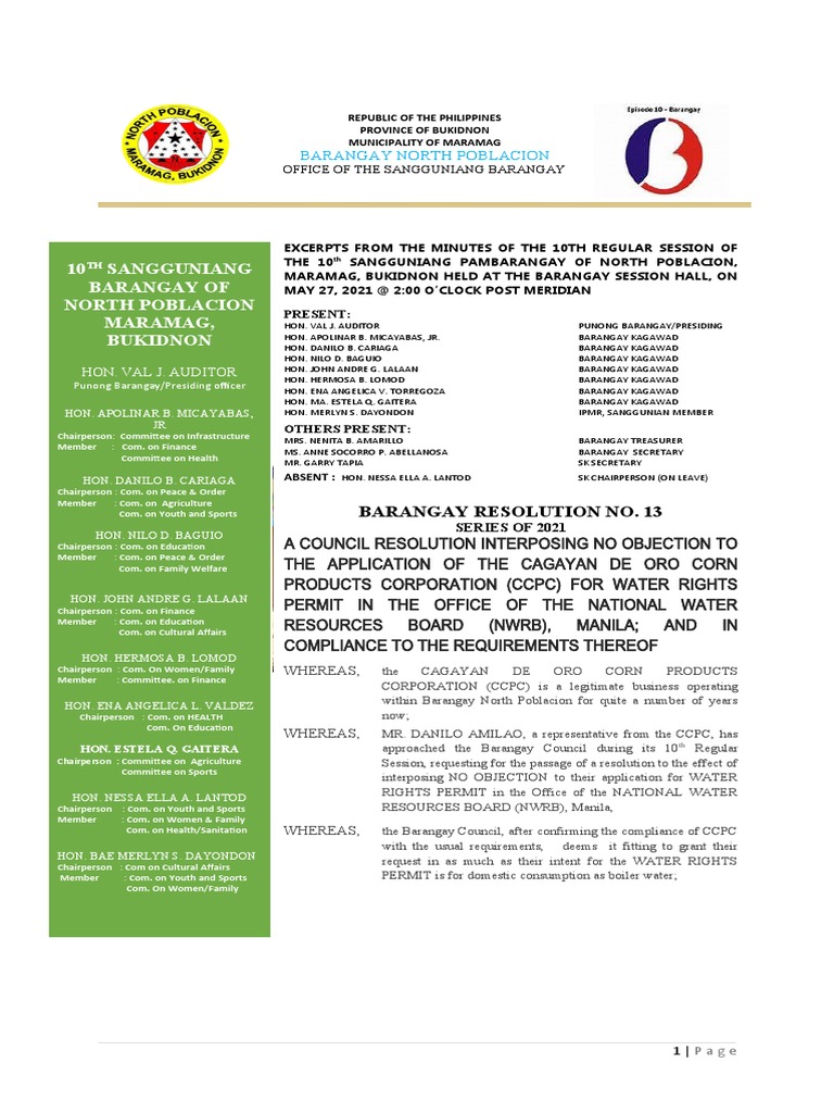 Resolution Interposing No Objection to the Water Rights Permit ...