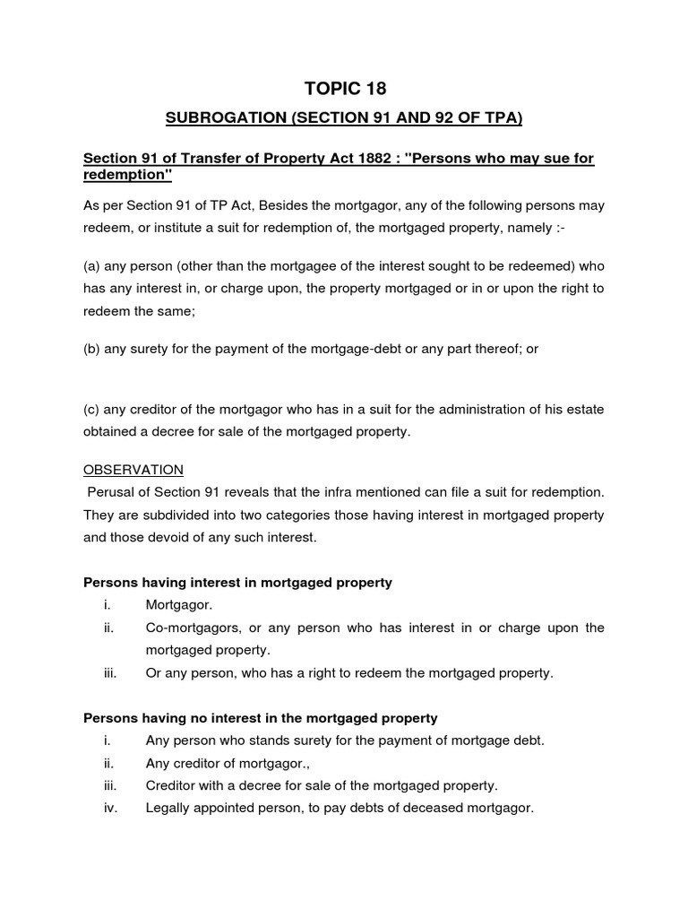 Subrogation (Section 91 and 92) | PDF | Mortgage Law | Personal Finance
