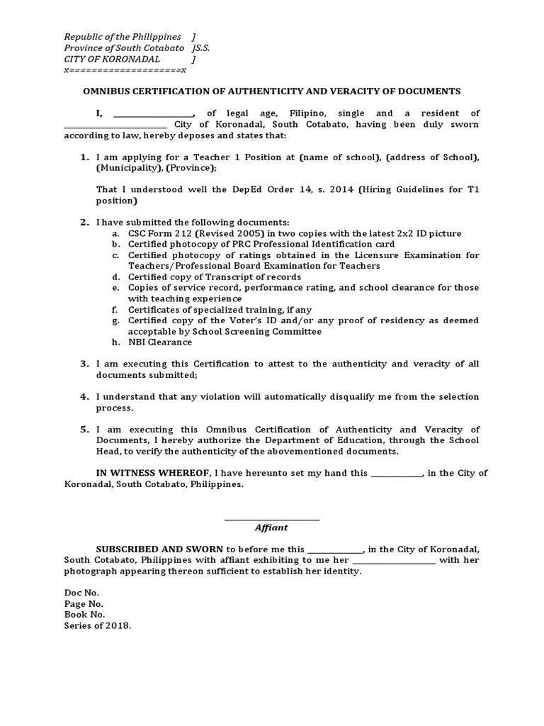 Omnibus Certification of Authenticity and Veracity of Documents Deped ...