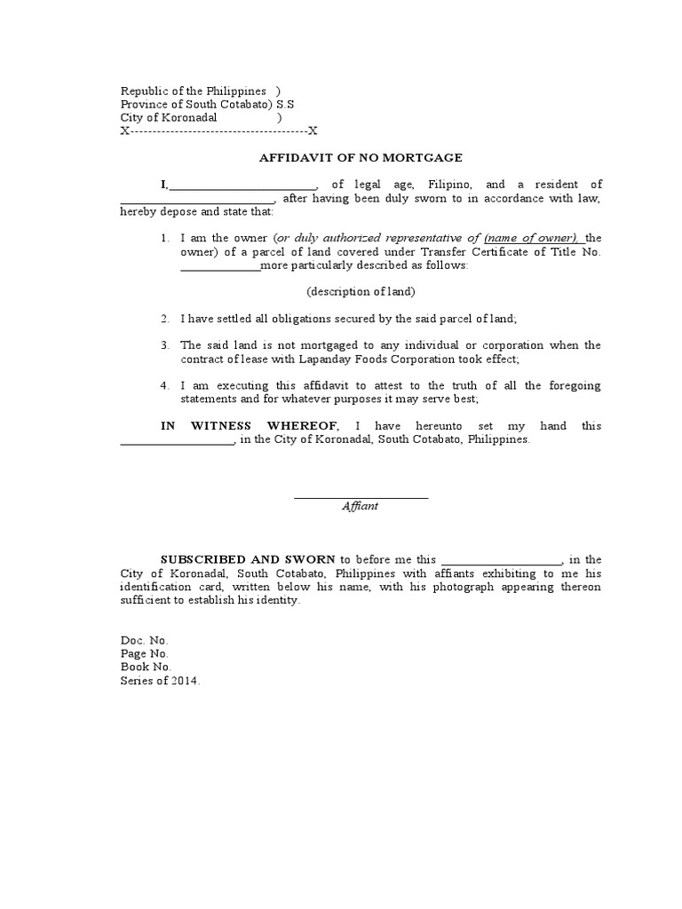 Affidavit of No Mortgage Blank | PDF
