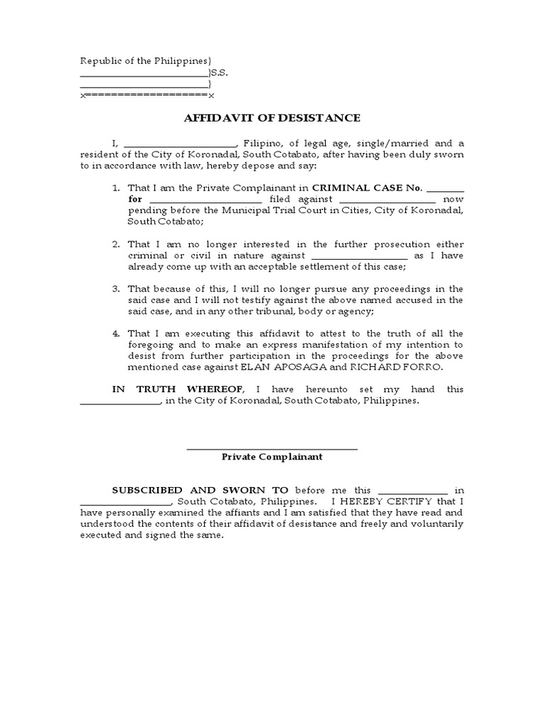 Affidavit of Desistance Blank | PDF
