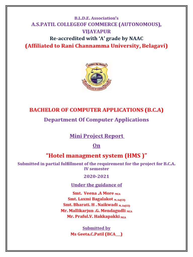 Hotel Management System Mini Project Report | PDF