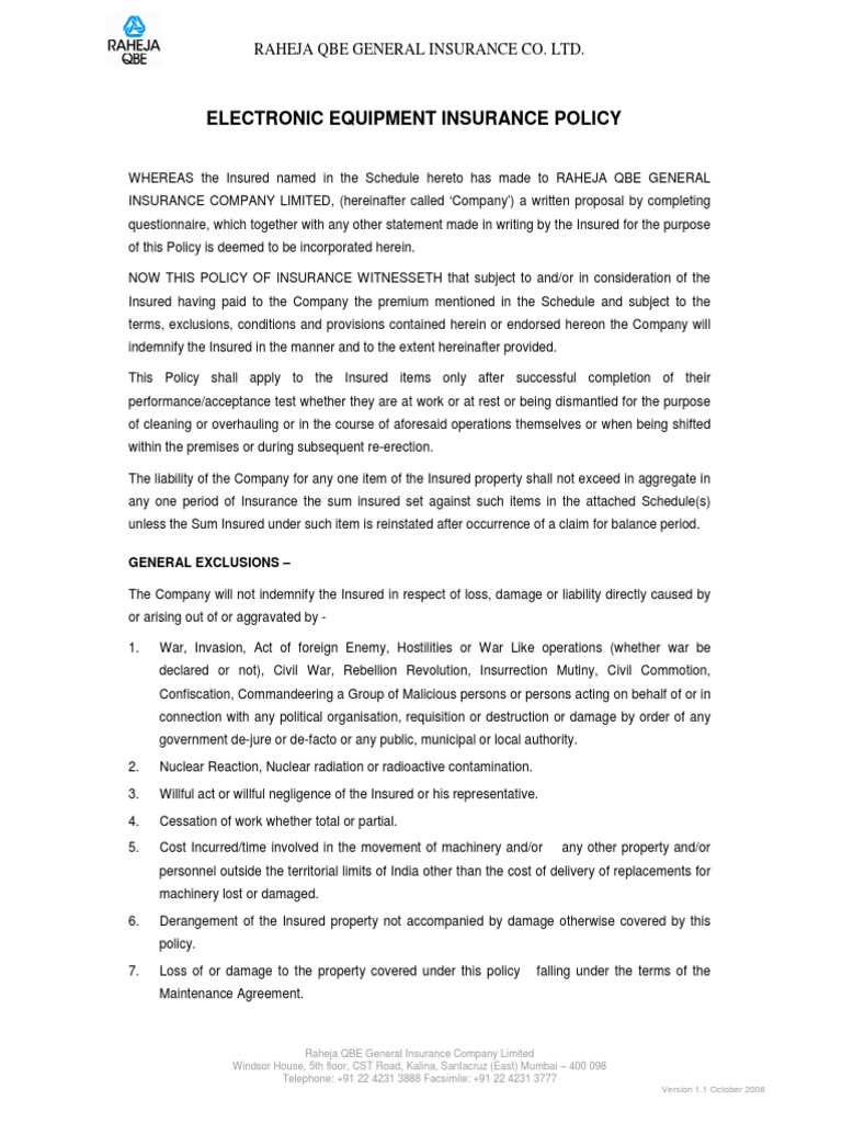 Electronic Equipment Insurance Guide | PDF | Indemnity | Insurance