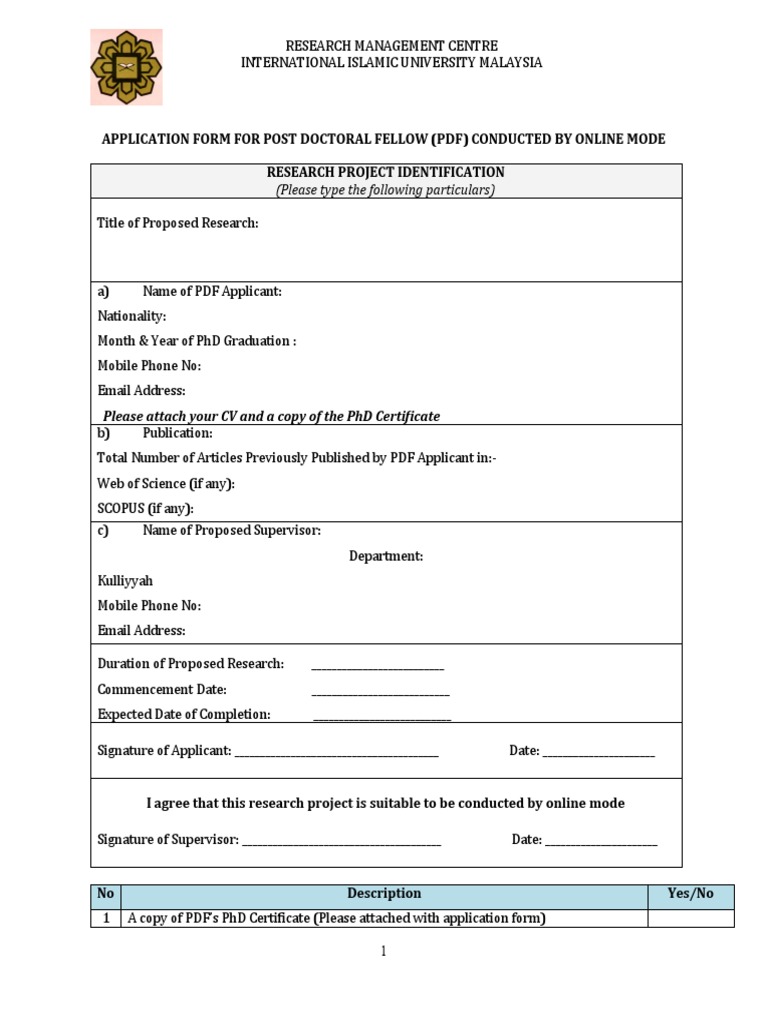 Application Form For Post Doctoral Fellow (PDF) Conducted by Online ...