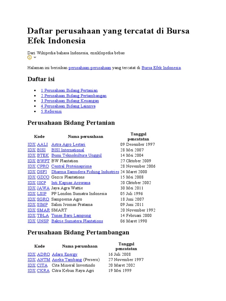 Daftar Perusahaan Yang Tercatat Di Bursa Efek Indonesia | PDF