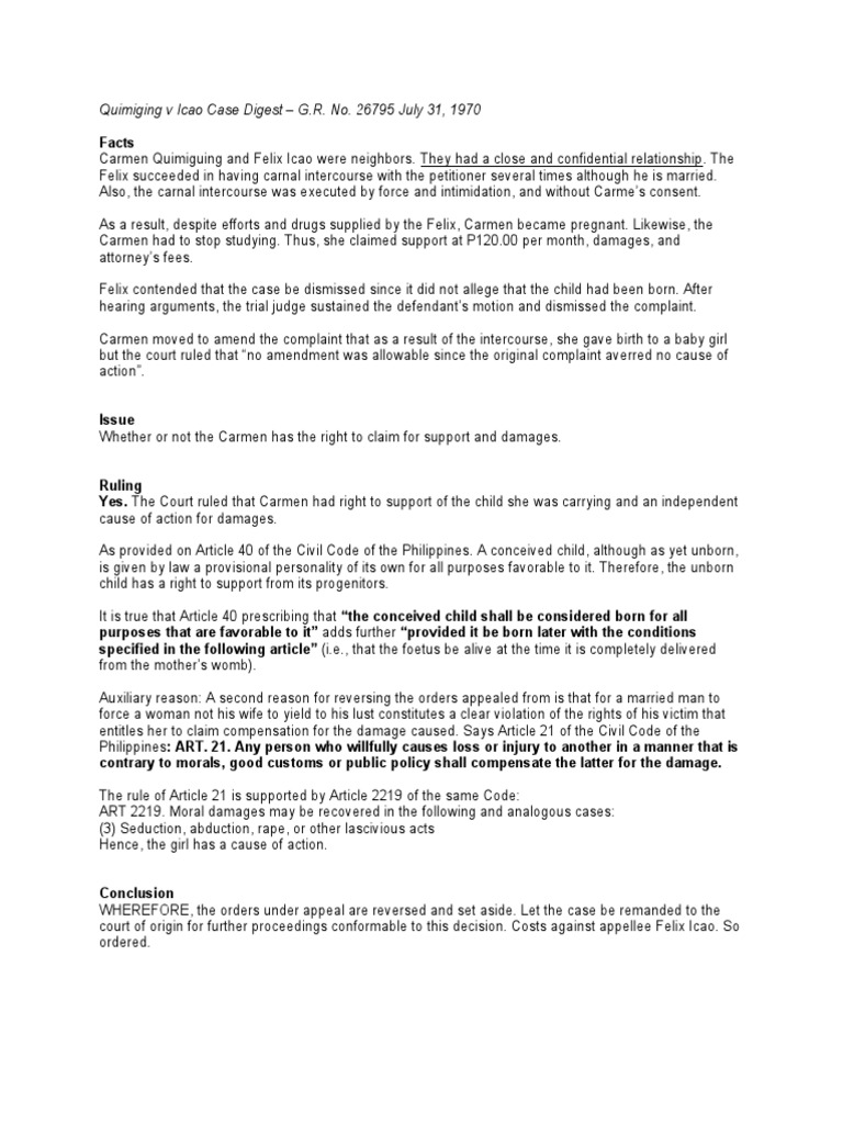 Quimiging V Icao Case Digest | PDF | Complaint | Damages