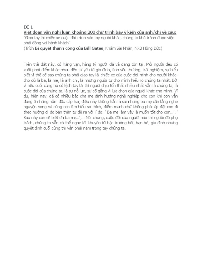 Ngữ Văn 12 Đề 1 NLXH | PDF