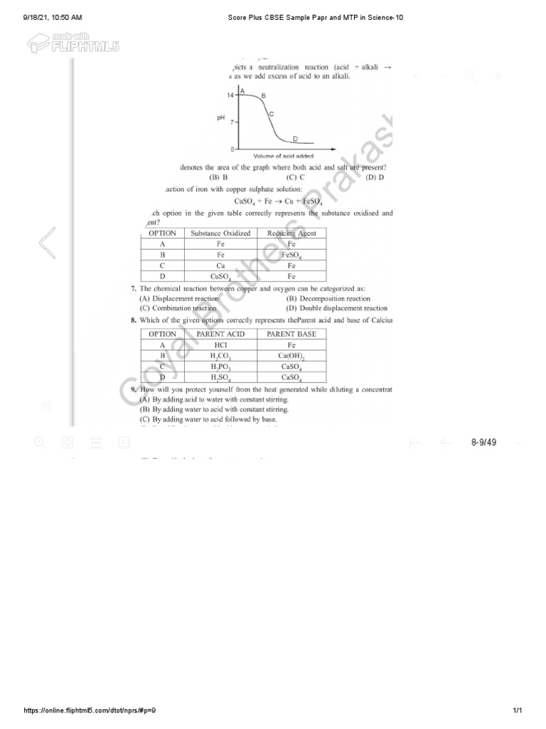 Score Plus CBSE Sample Papr and MTP in Science-10 | PDF