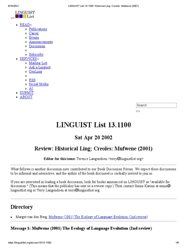 LINGUIST List 13.1100 - Historical Ling Creoles - Mufwene (2001) | PDF ...