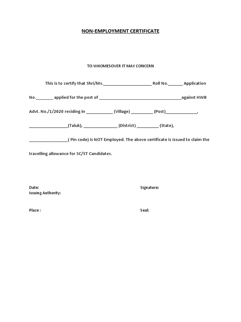 Non Employment Form Format HWB | PDF