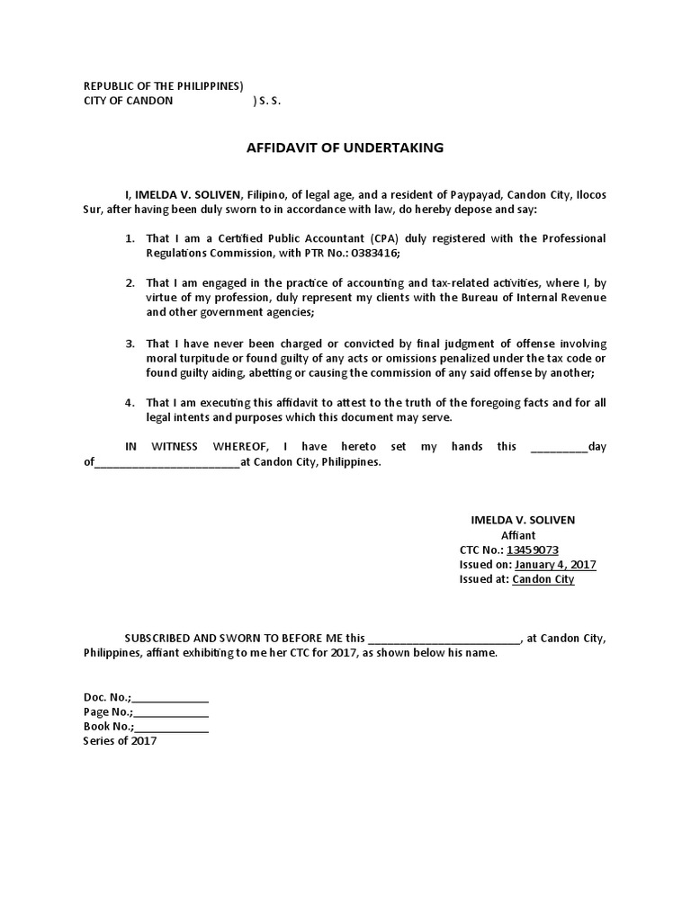 Affidavit of Undertaking for BIR Accreditation | PDF | Affidavit ...