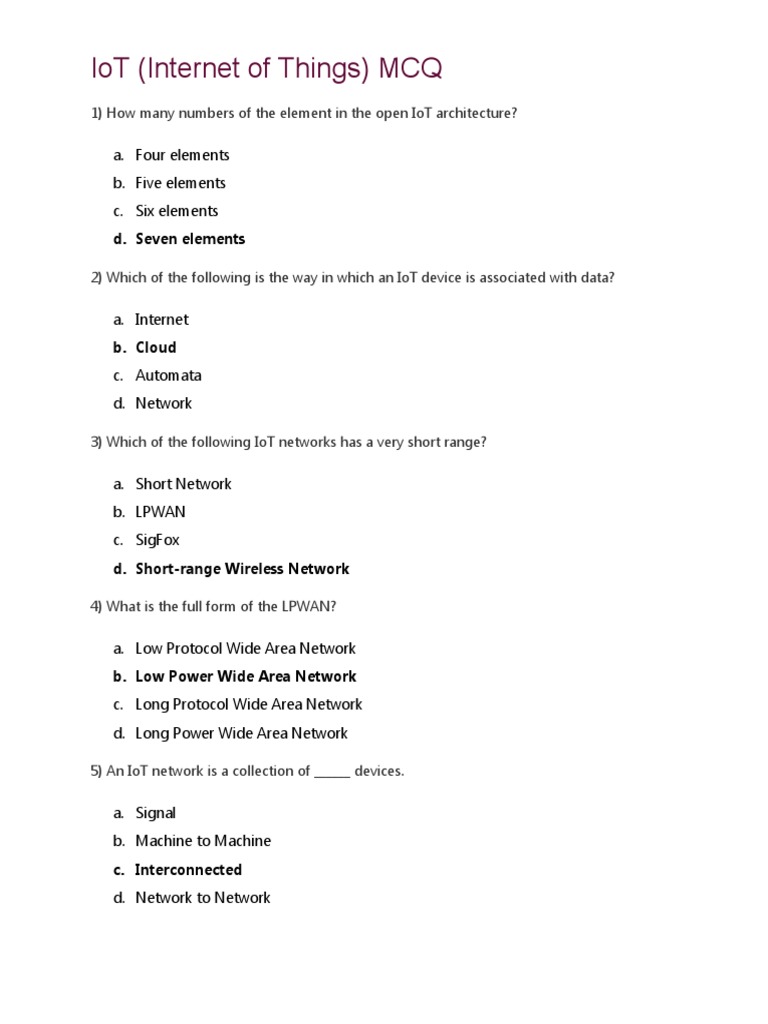 IoT Quiz | PDF | Internet Of Things | Computer Network
