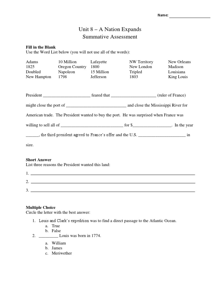 Unit 8: Westward Expansion Assessment | PDF | Louisiana Purchase ...