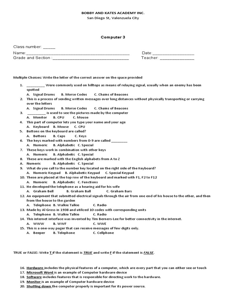 Grade 3 Quarterly Exams | PDF | Computer Hardware | Telephone