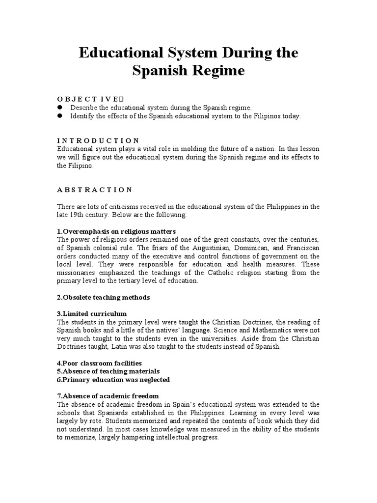 Educational System During The Spanish Regime: Object Ive | PDF ...