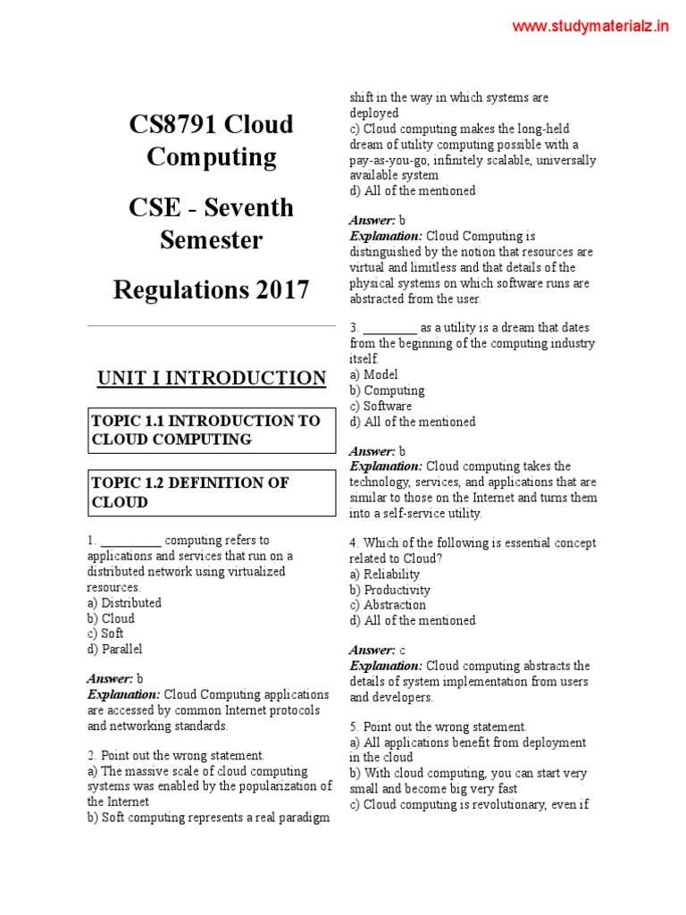 Cs8791 Cloud Computing Pdf Cloud Computing Service Oriented