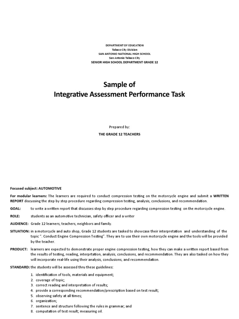 Sample of Integrative Assessment Performance Task: Senior High School ...