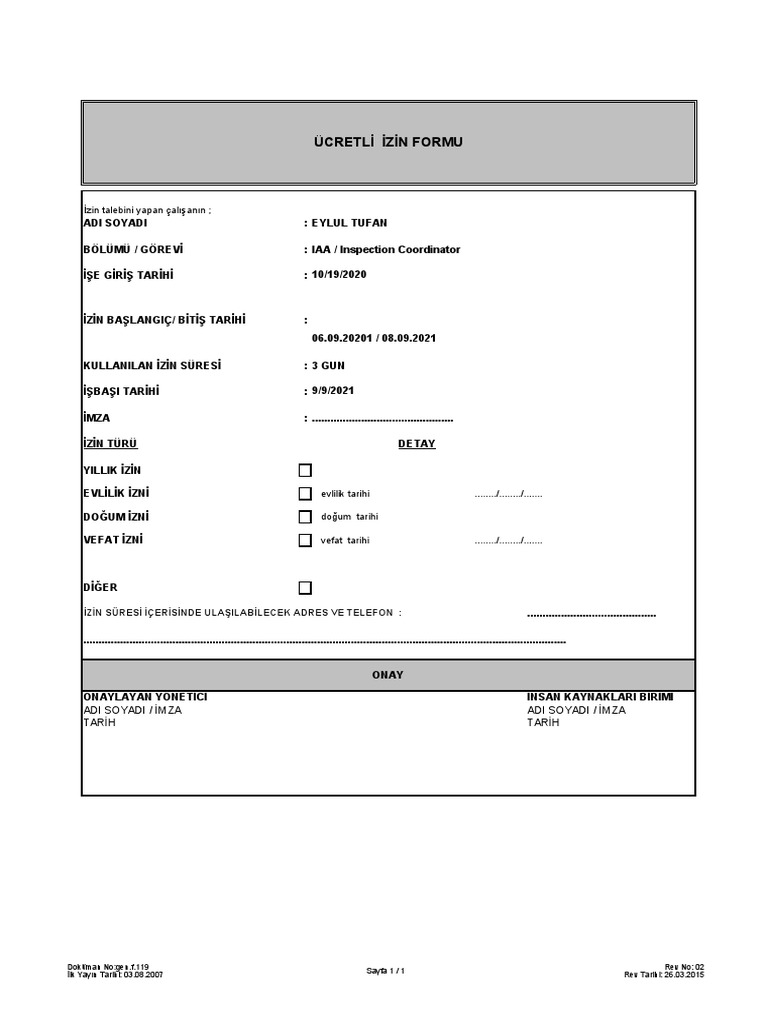 Ücretli İzin Formu: İzin Talebini Yapan Çalışanın | PDF