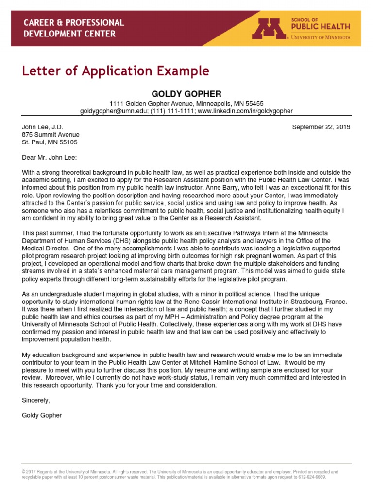 Letter of Application Example | PDF | Public Health