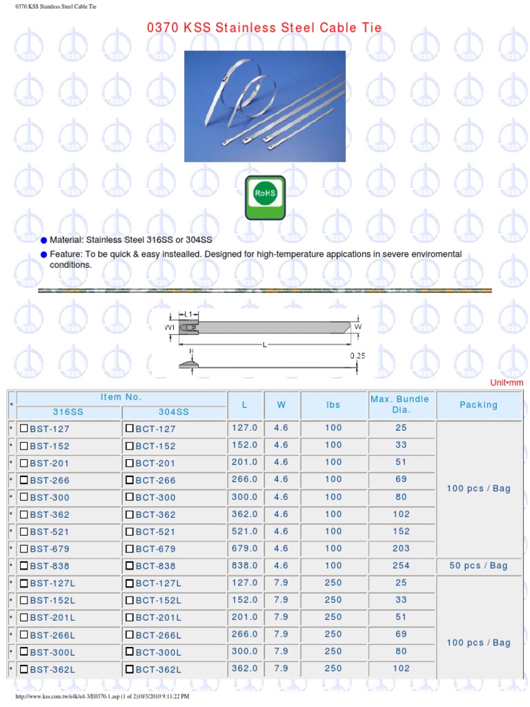 KSS Stainless Steel Cable Tie Sizes | PDF | Building Materials ...